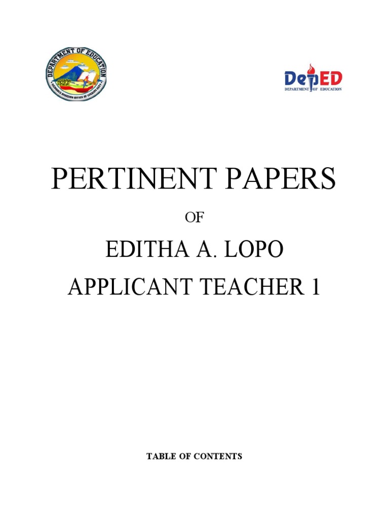 Pertinent Papers: Editha A. Lopo Applicant Teacher 1 | Download Free ...