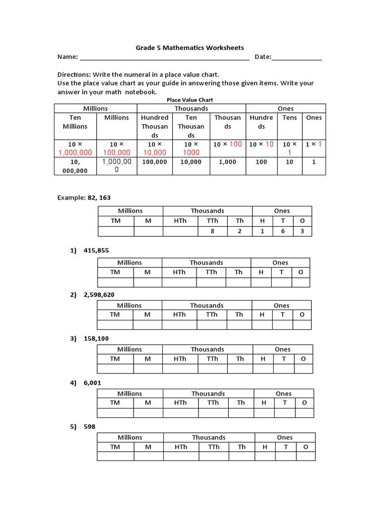 Grade 5 Mathematics Worksheets: Place Value Chart | PDF | Mathematics