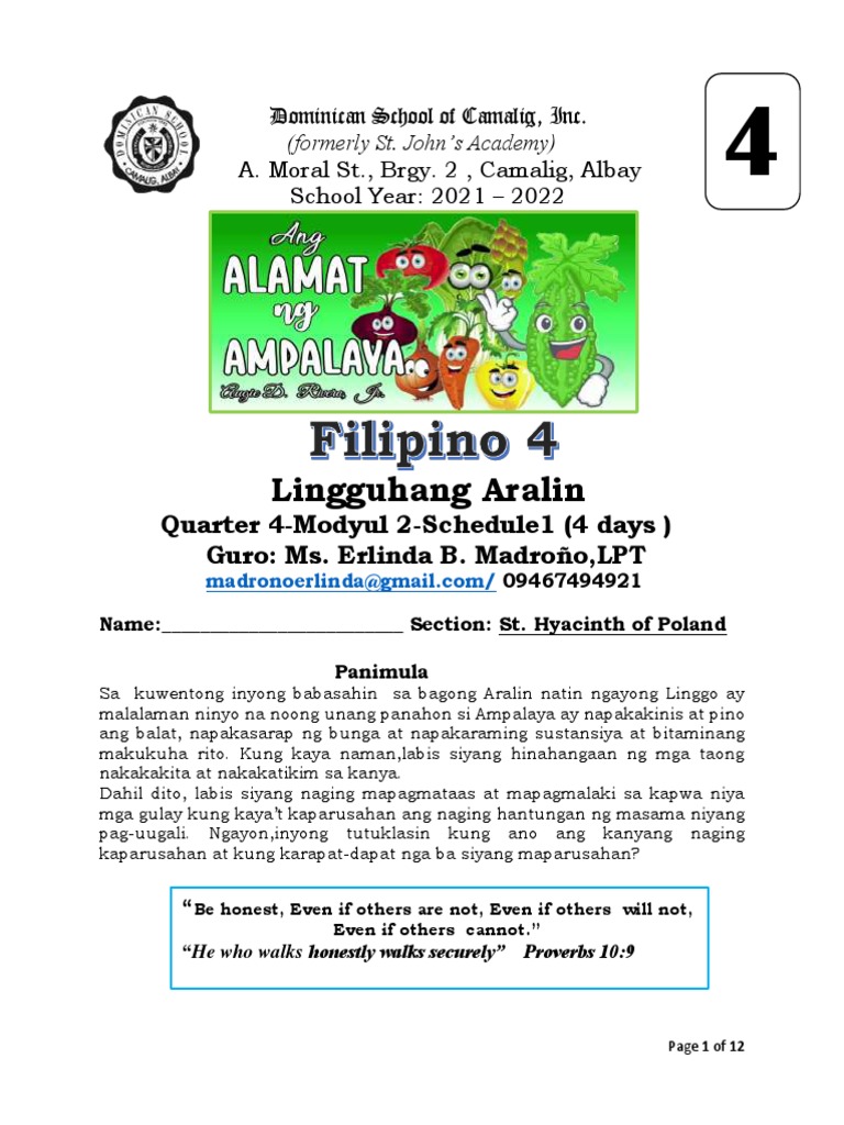 Lingguhang Aralin: Quarter 4-Modyul 2-Schedule1 (4 Days) | PDF