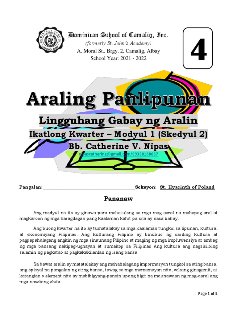 Lingguhang Gabay NG Aralin: Ikatlong Kwarter - Modyul 1 (Skedyul 2) Bb. Catherine V. Nipas | PDF