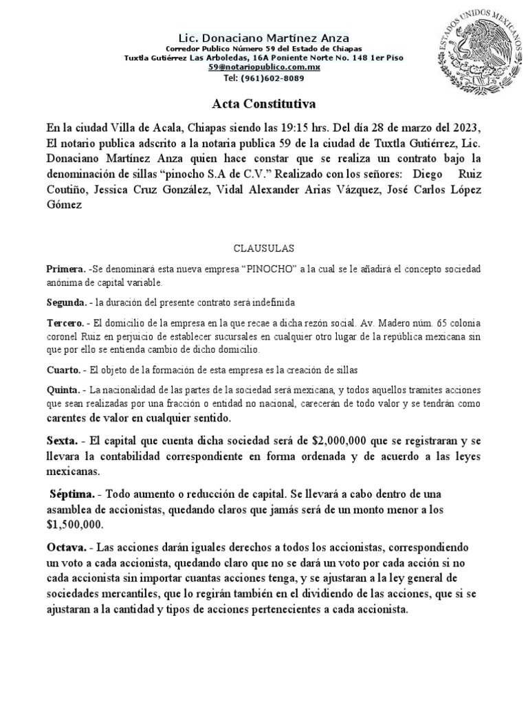 Acta Constitutiva Ejemplo | PDF | Negocios económicos | Business