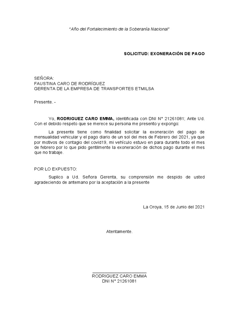 Solicitud de Exoneracion de Pago Vehicular | PDF
