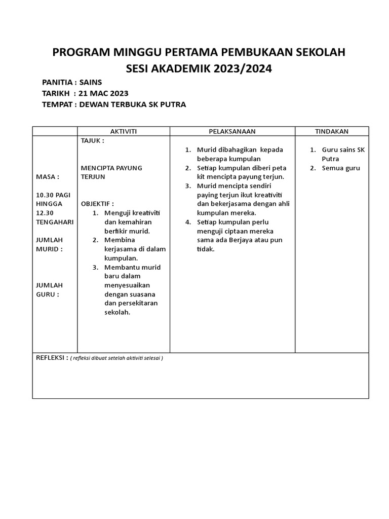 Program Minggu Pertama Pembukaan Sekolah SESI AKADEMIK 2023/2024 | PDF