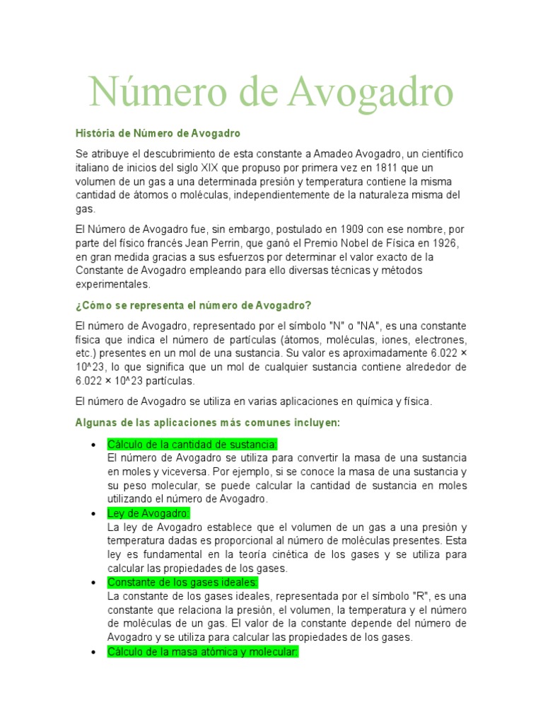 Número de Avogadro | PDF | Mole (Unidad) | Gases