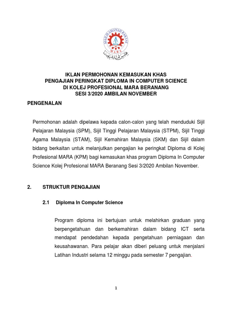 Iklan Permohonan Kemasukan Program Pengajian Peringkat Diploma in ...