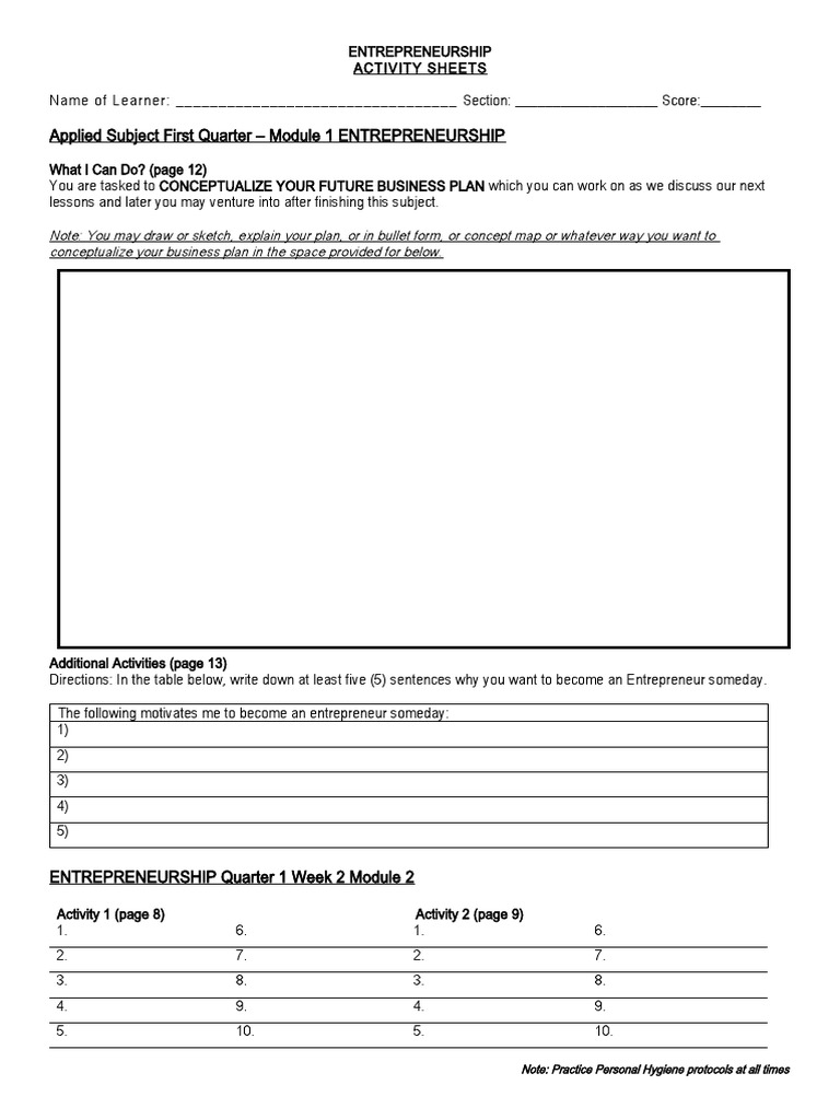 Entrepreneurship Activity Sheets Guide | PDF | Entrepreneurship | Change