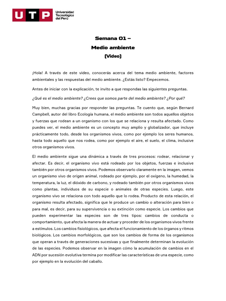 Semana 01 - Guion - Medio Ambiente | PDF | Entorno natural | Organismos