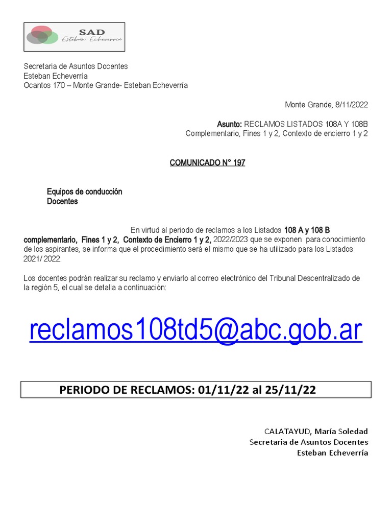 197 - COMUNICADO #197 - RECLAMOS LISTADOS 108A Y 108B Complementario ...