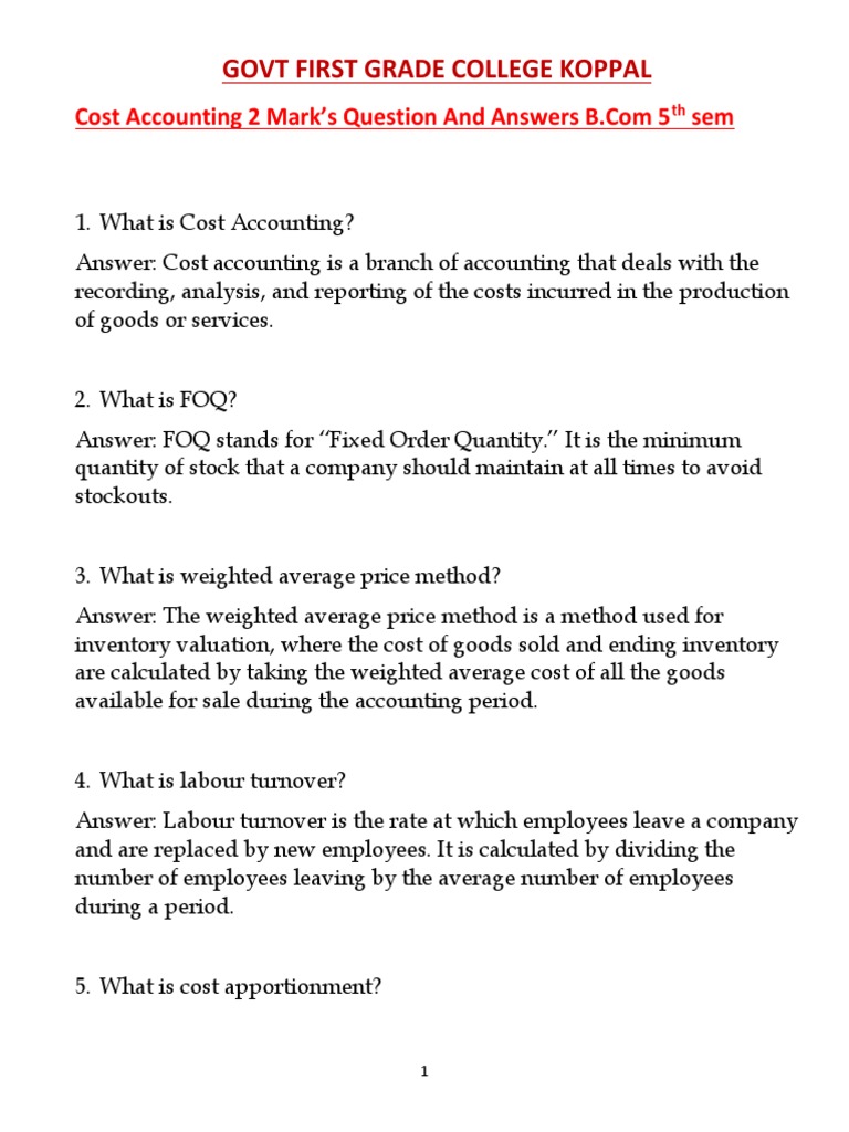 Cost Accounting I B Com 5th Sem Pdf Inventory Cost