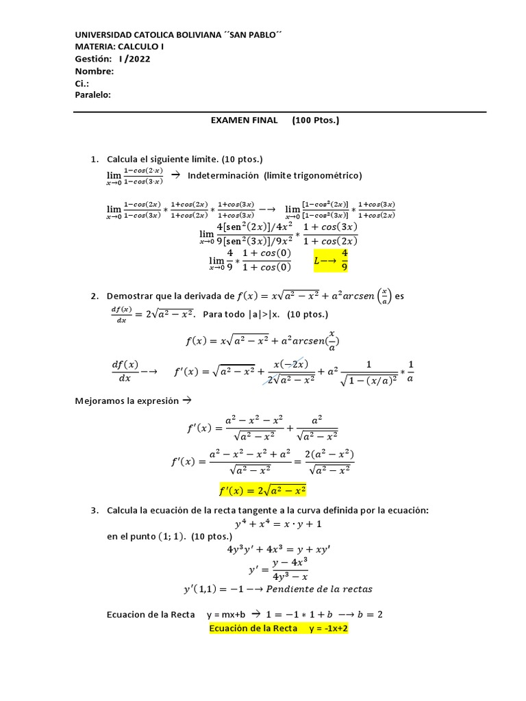 1 Opc. Examen Final - Solucionario | PDF | Integral | Cálculo