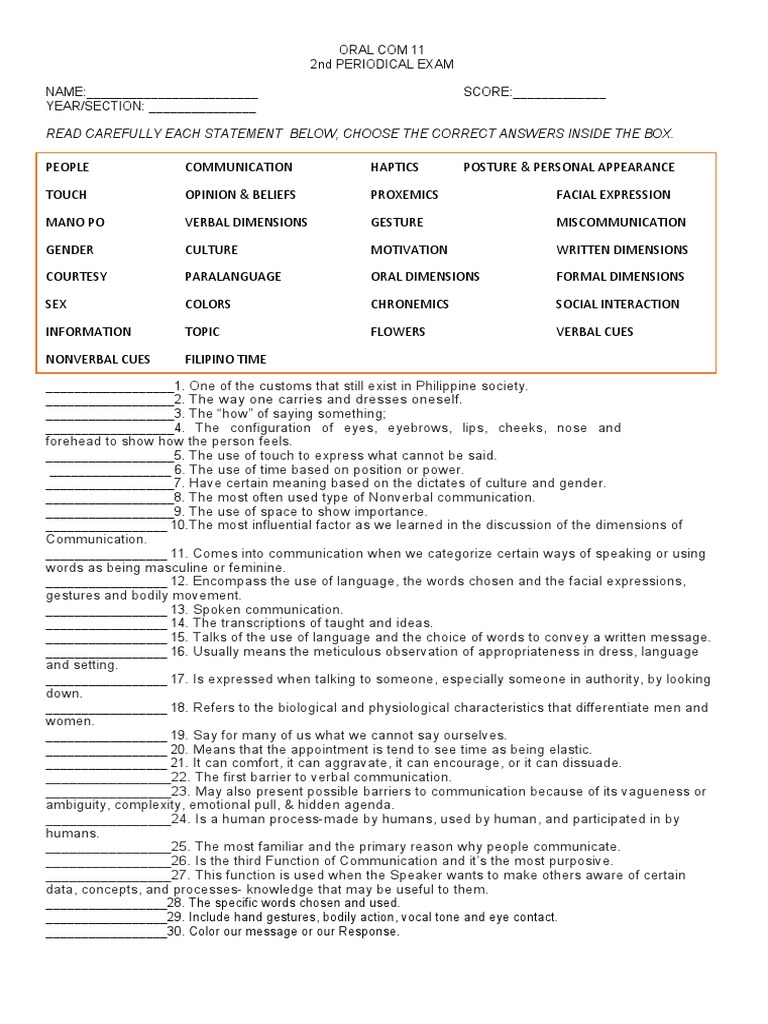 11 2nd PRELIM EXAM | PDF | Nonverbal Communication | Communication