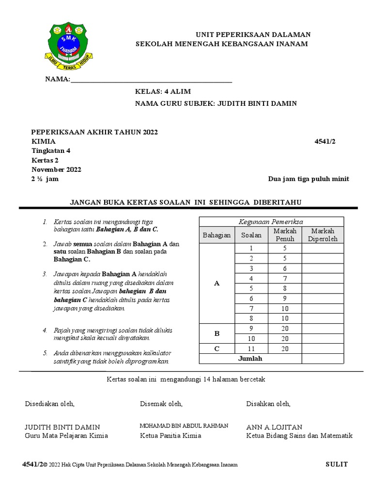 Muka Depan Kimia Kertas 2 Pat | PDF