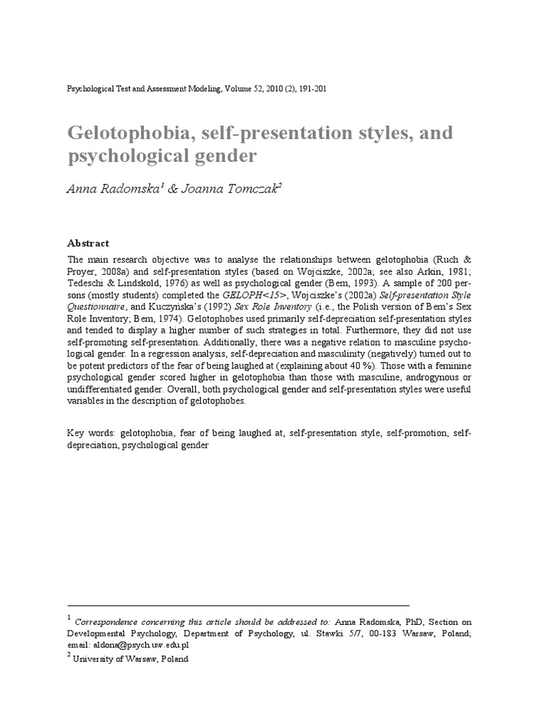 Gelotophobia, Self-Presentation Styles, and Psychological Gender ...