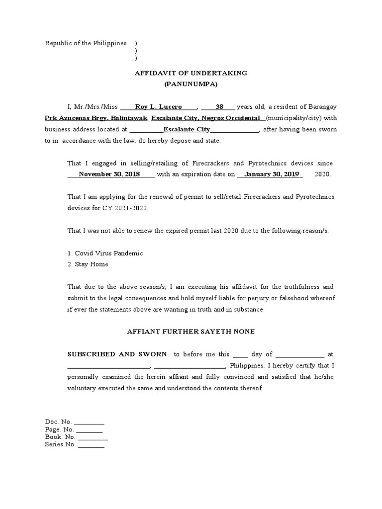 Affidavit of Undertaking | PDF | Affidavit | Legal Communication