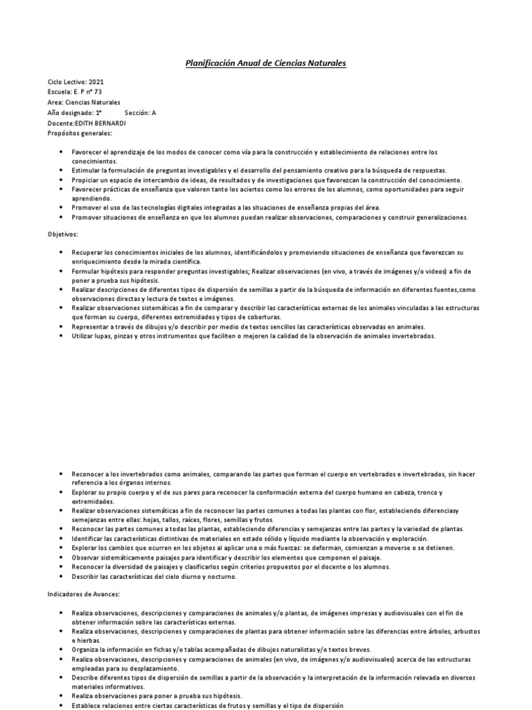 Planif Anual de Cs Naturales 1 Grado | PDF | Plantas | Enseñando