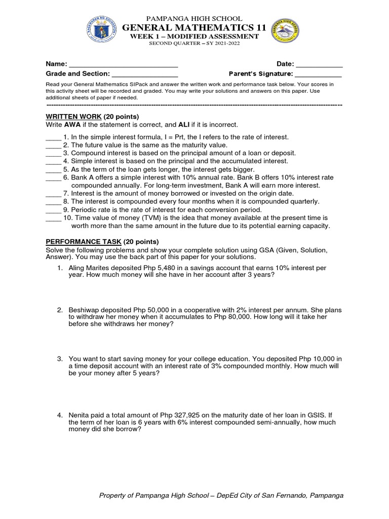 Pampanga High School Math Assessment QuestionsTITLE Pampanga High ...