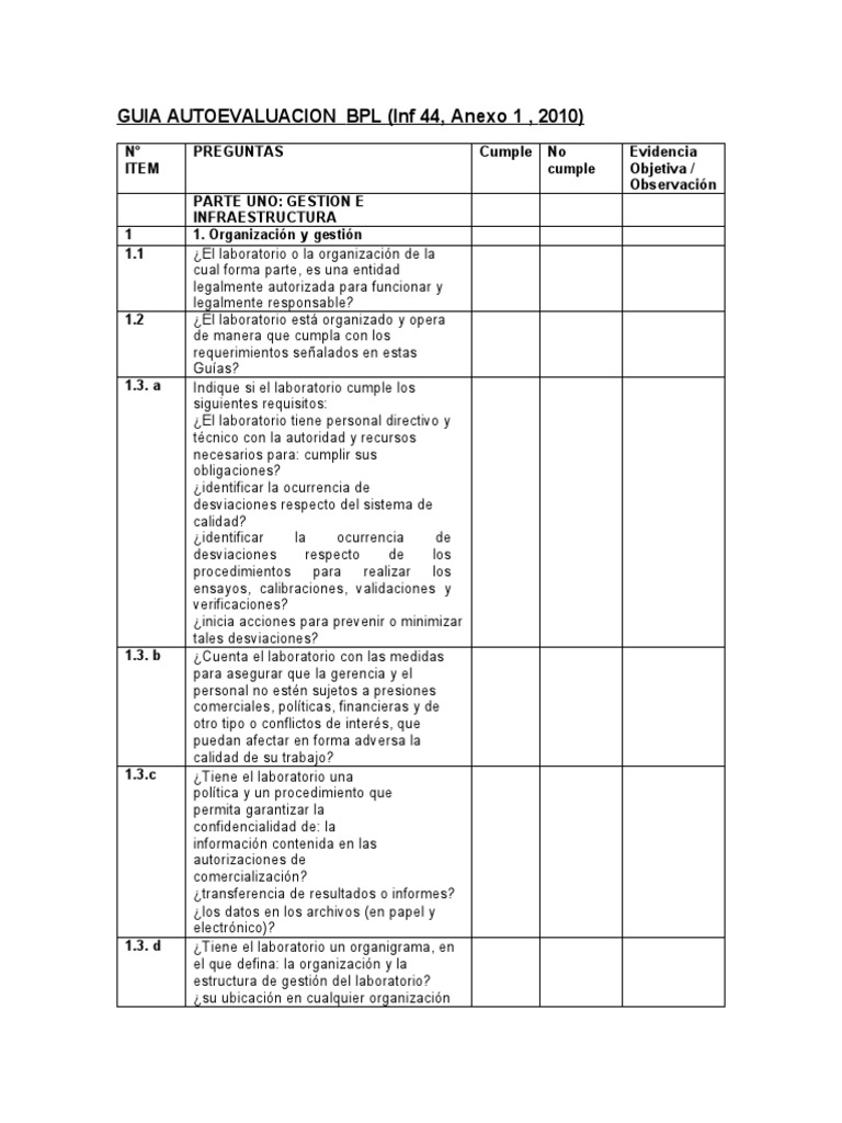 Guia Autoevaluacion BPL | PDF | Calidad (comercial) | Laboratorios
