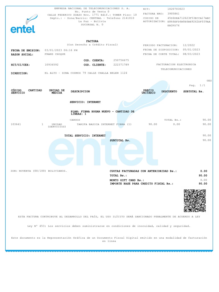 Factura Electrónica Entel 12/2022 | PDF | Economias | Industrias de ...