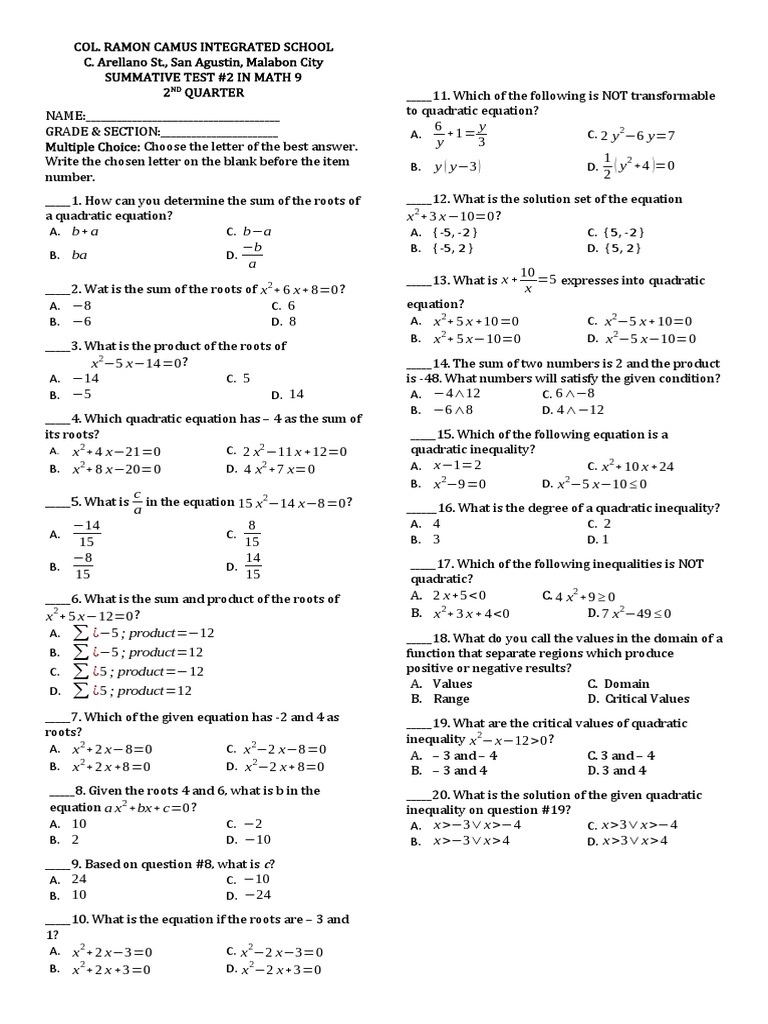 2ND Q Summative Test 2 Math 9 Week 3 & 4 | PDF