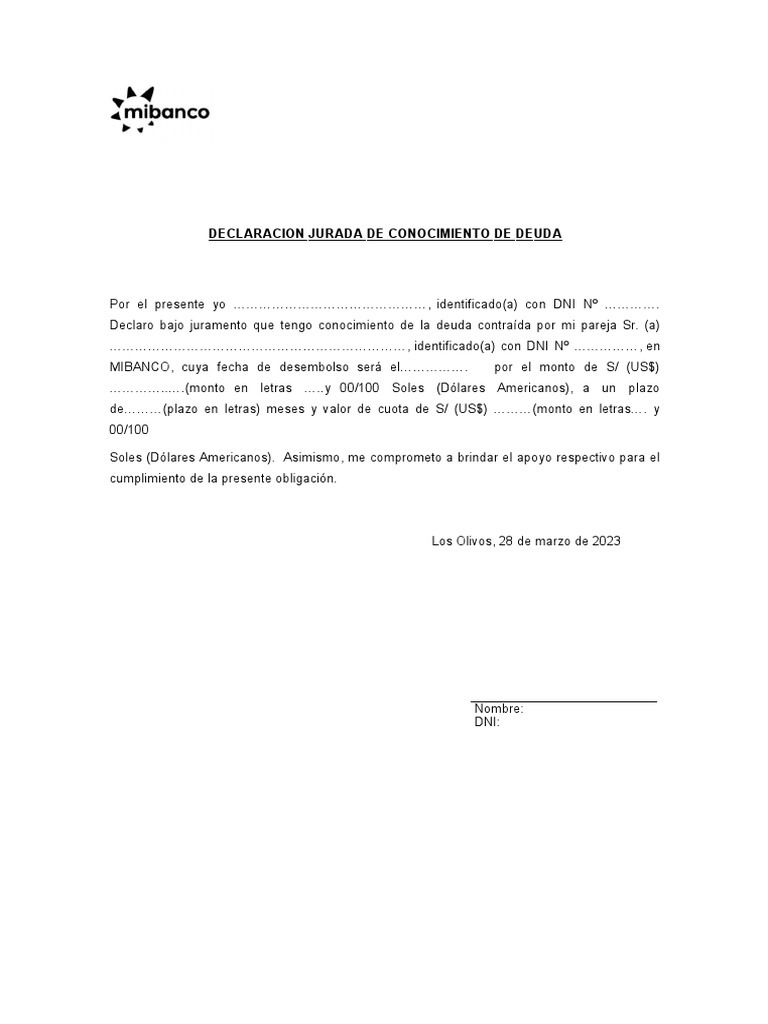 Declaración Jurada de Conocimiento de Deuda | PDF
