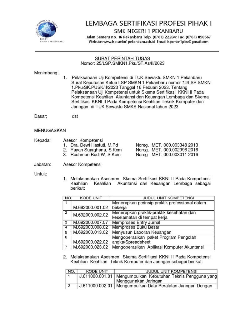 Surat Tugas Asesor AKL&TKJ Nasional | PDF