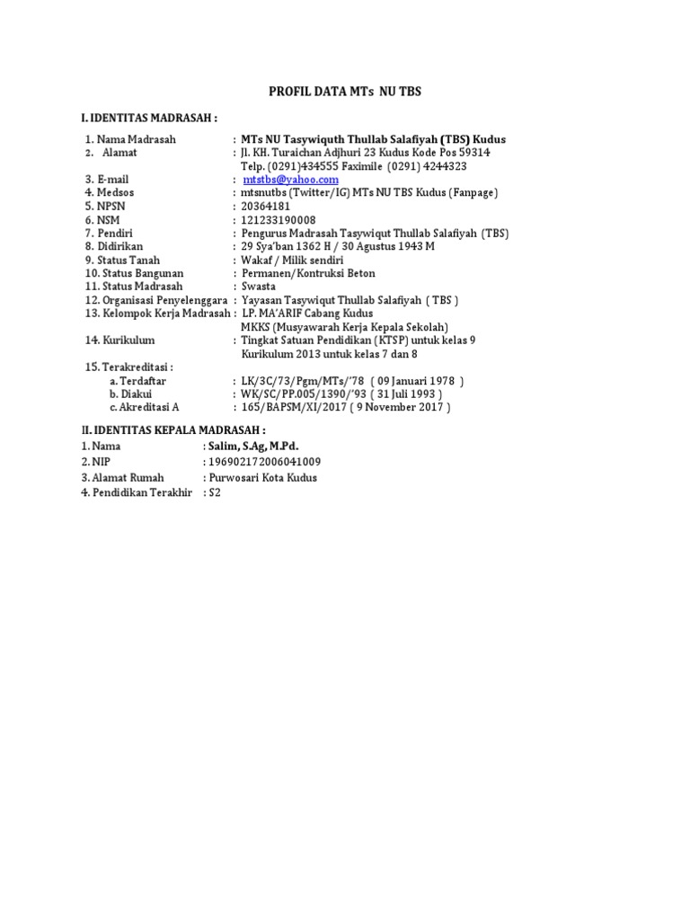 PROFIL DATA MTs NU TBS-dikonversi | PDF