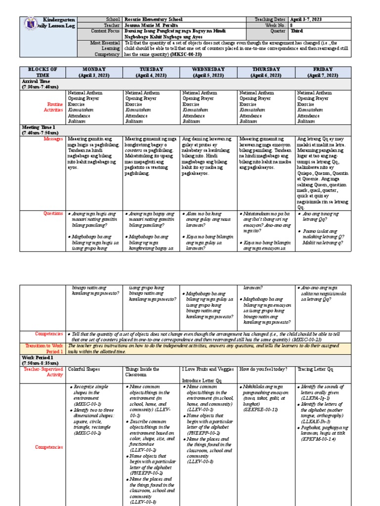 Kindergarten-DLL-MELC-Q3-Week 8 Asf | PDF
