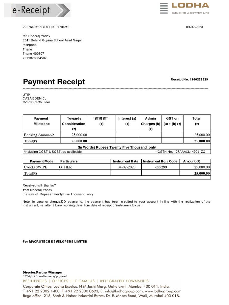 Payment Receipt for Booking Amount | PDF
