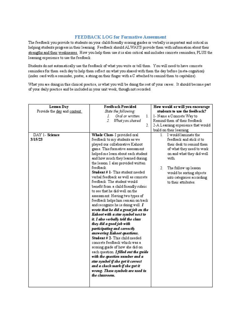 Feedback Log 1 | PDF | Learning | Cognition