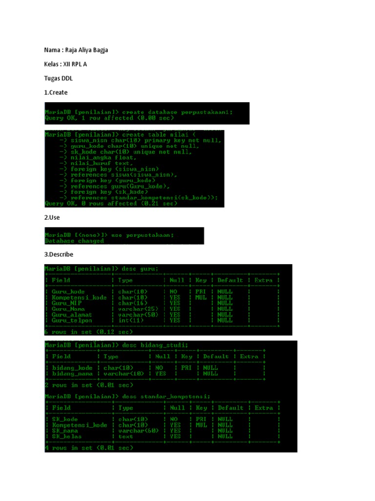 Nama: Raja Aliya Bagja Kelas: Xii RPL A Tugas DDL 1.create | PDF