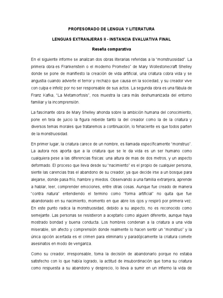 LECTURA COMPARADA - Kafka Vs Shelly | PDF | Franz Kafka | Frankenstein