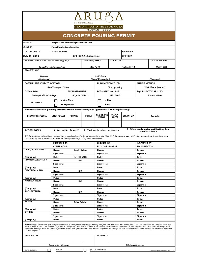 Concrete Pouring Permit for Aruga Project | PDF | Building Engineering ...