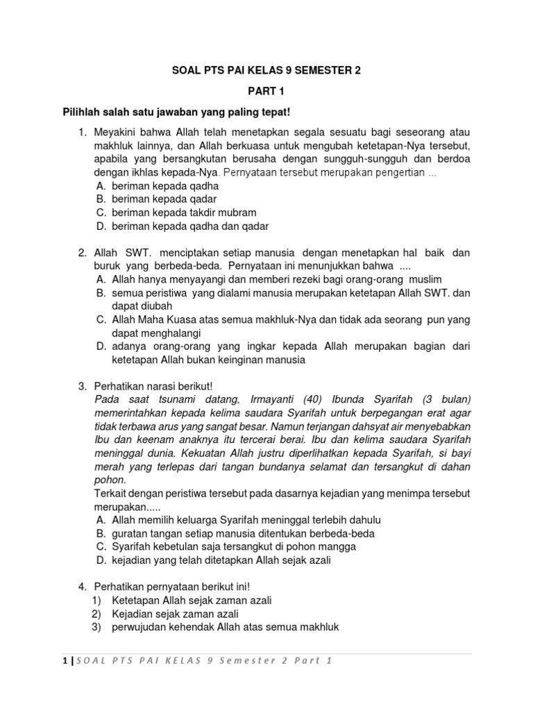 SOAL PTS PAI KELAS 9 SEMESTER 2 Part 1 | PDF