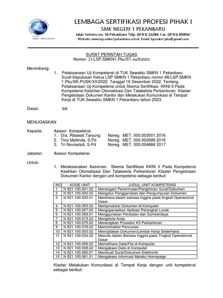 Surat Tugas Asesor OTKP Bonai | PDF