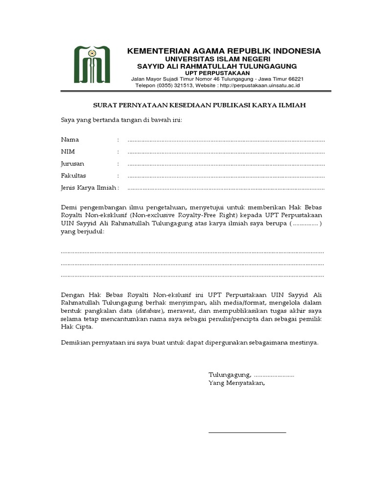 Surat Pernyataan Publikasi Karya Ilmiah | PDF | Agama & Spiritualitas