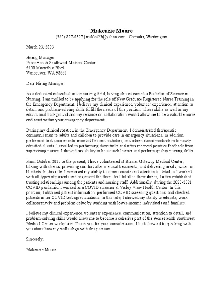 Cover Letter Peacehealth | PDF