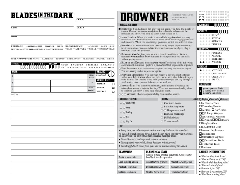 Drowner Character Sheet v1.0 | PDF