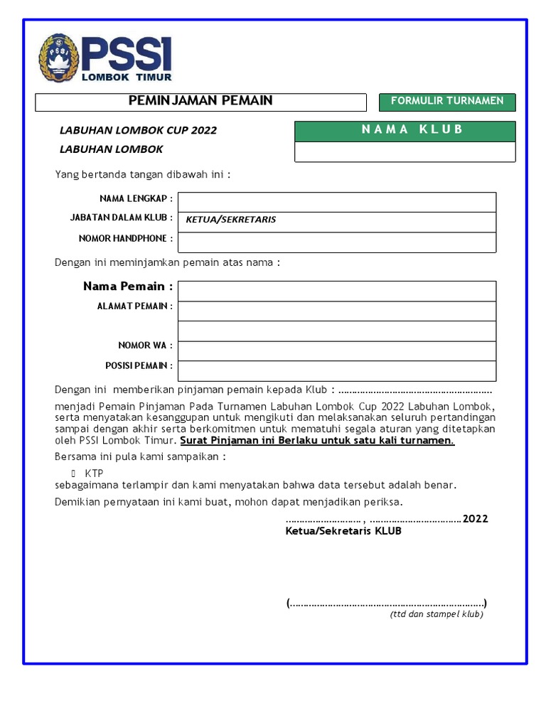 Form Pinjaman Pemain Dari Klub | PDF