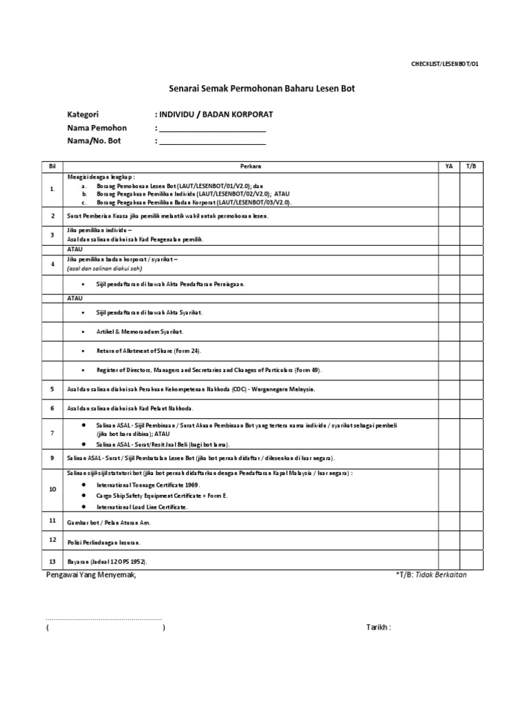 Senarai Semak Permohonan Baharu Lesen Bot | PDF