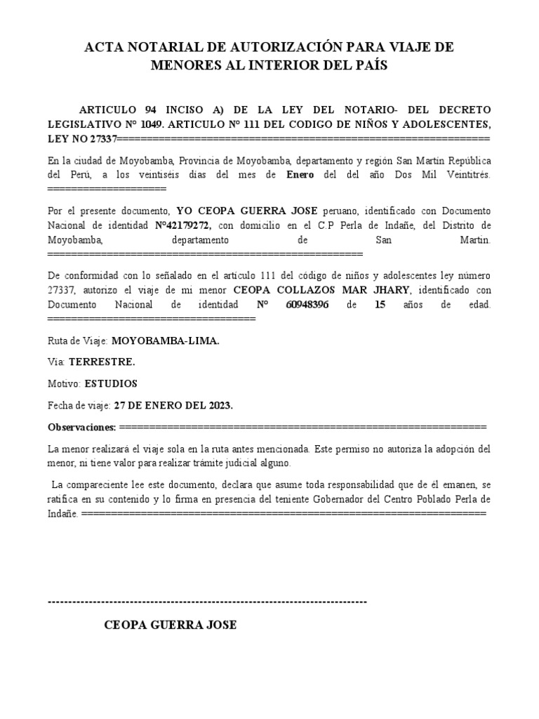 Acta Notarial de Autorización para Viaje de Menores Al Interior Del ...