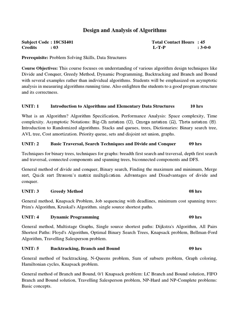 Design and Analysis of Algorithms: Course Objectives | PDF | Dynamic Programming | Mathematical ...