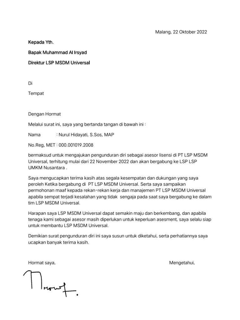 Surat Pengunduran Diri LSP MSDM Universal-1 | PDF