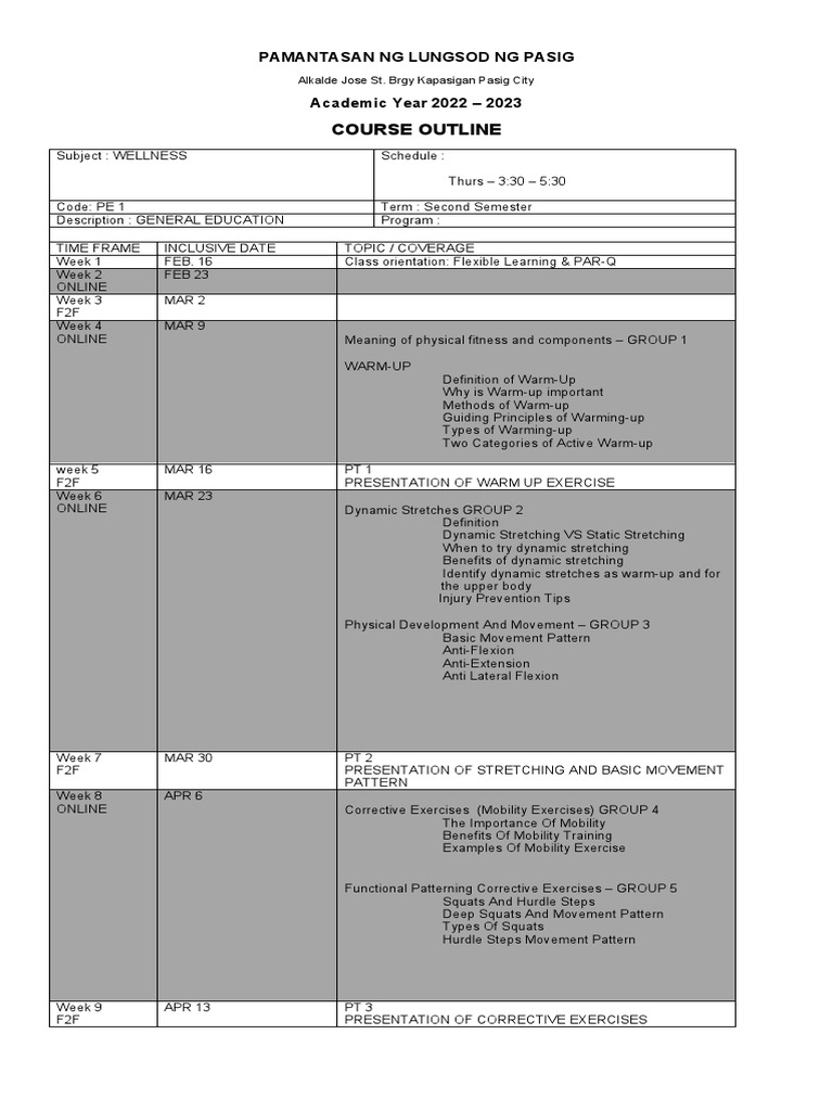 Pe1 Course Outline Bsed Eng | PDF | Hobbies | Determinants Of Health