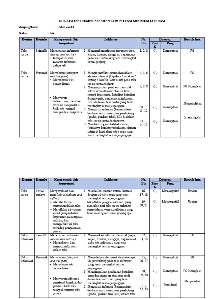 Kisi-Kisi Instrumen Literasi Dan Numerasi | PDF