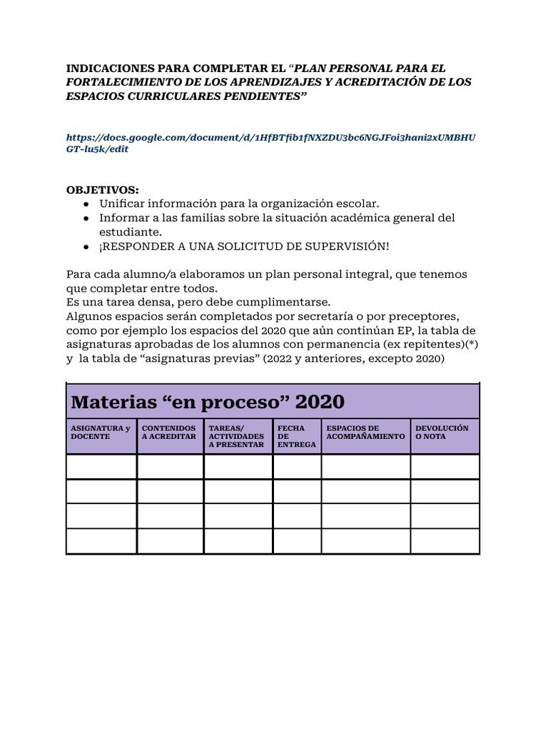 Indicaciones para Completar El "Plan Personal para El Fortalecimiento de Los Aprendizajes y ...