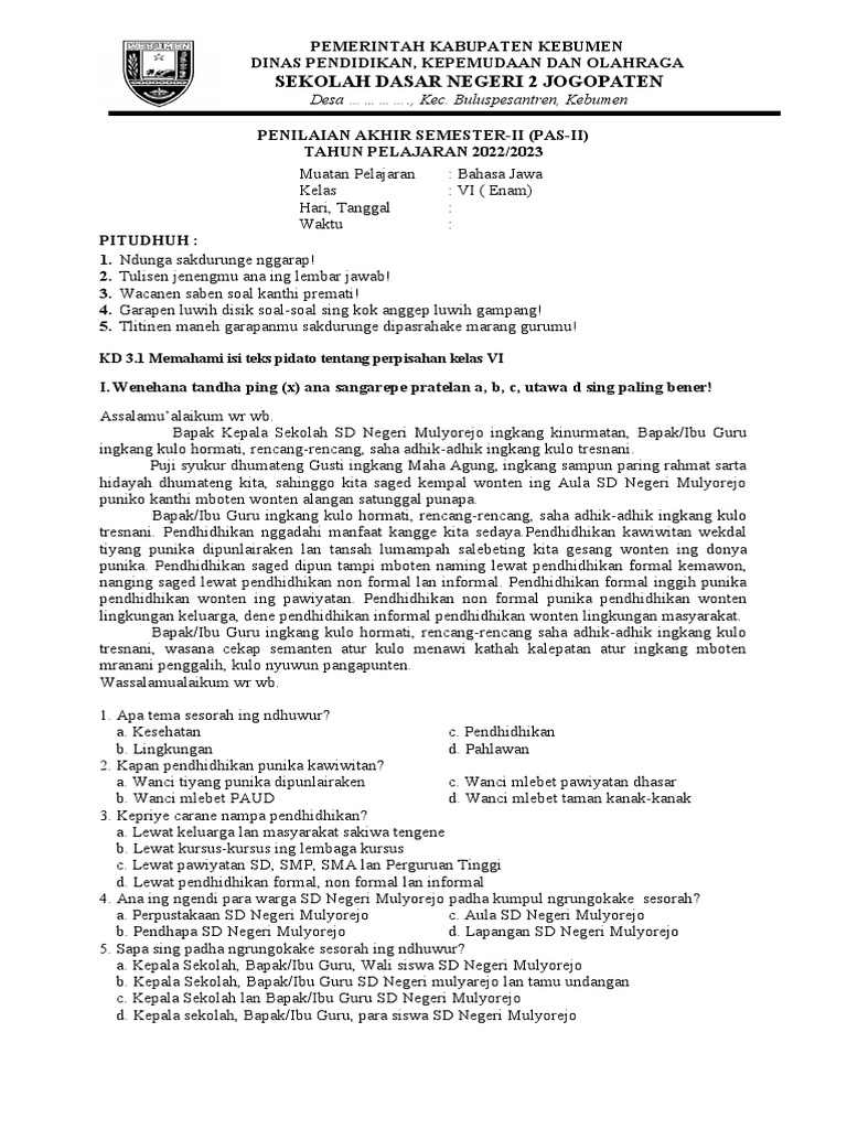 Soal PTS Bahasa Jawa Kelas 6 | PDF