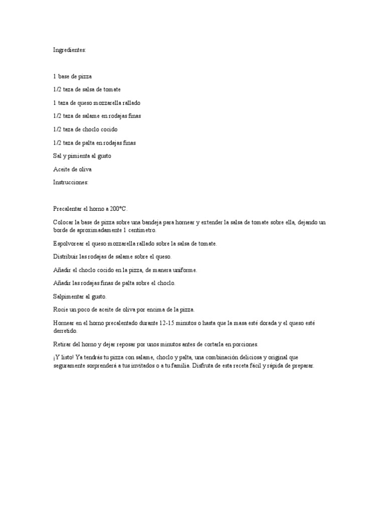 Receta Pizza Palta | PDF