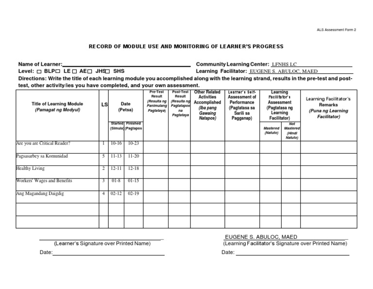 ALS Assessment Form 2 LONG | PDF | Cognitive Science | Learning