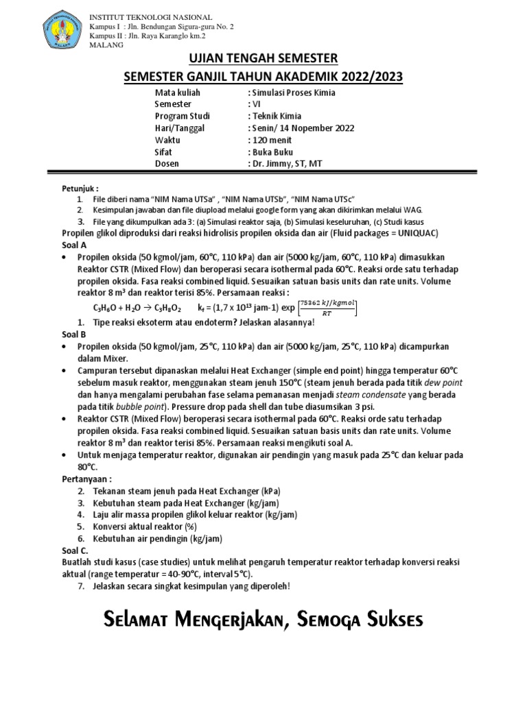 UTS Simulasi Proses Kimia 14 Nop 2022 (Jawaban) | PDF