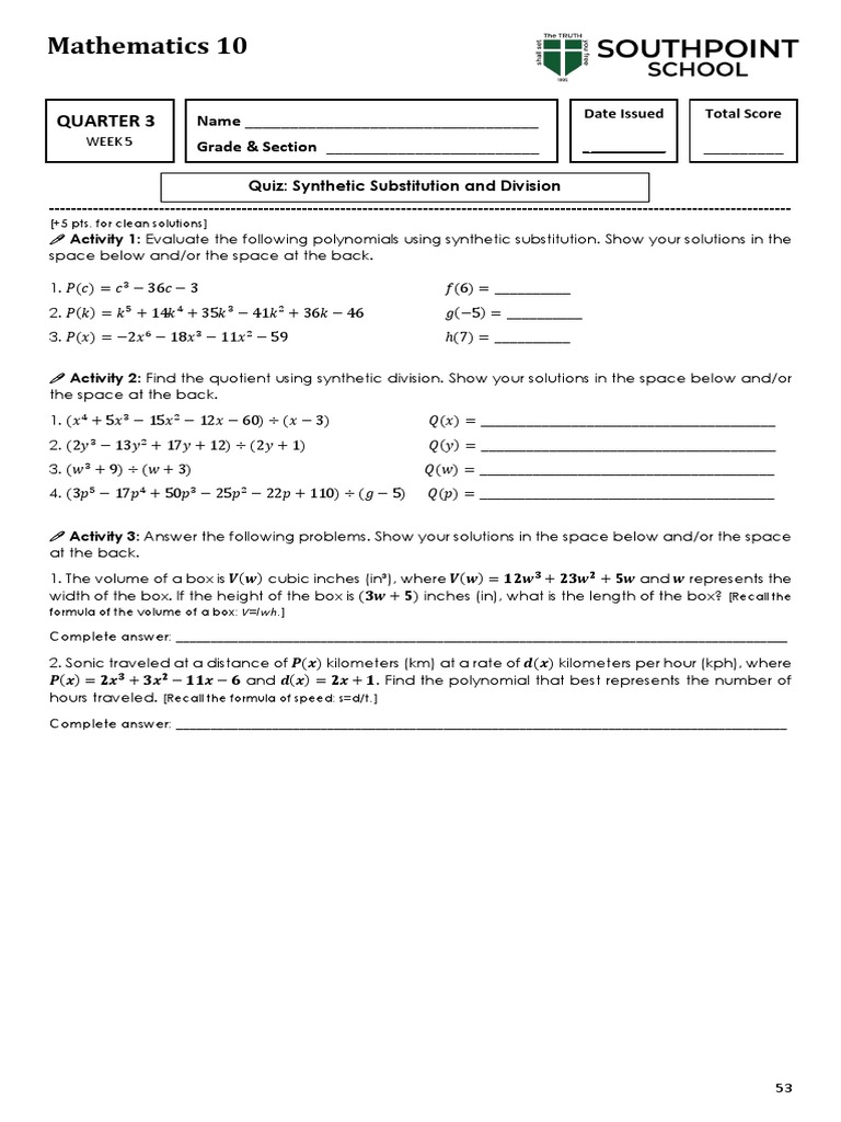 Synthetic Substitution & Division Quiz | PDF